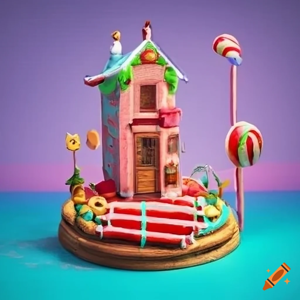 Candy island diorama at a store display on Craiyon
