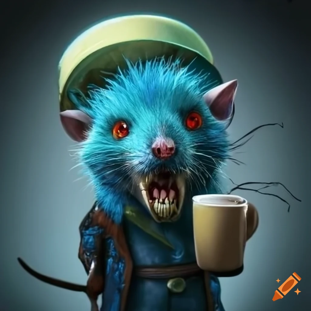 Cute undead rat with blue fur, hardhat, and trenchcoat holding a coffee ...