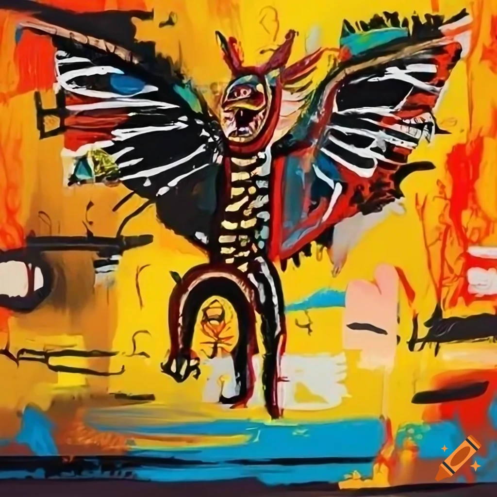 Basquiat painting of a flying Jaguar Sun Dragon with jaguar skin and ...