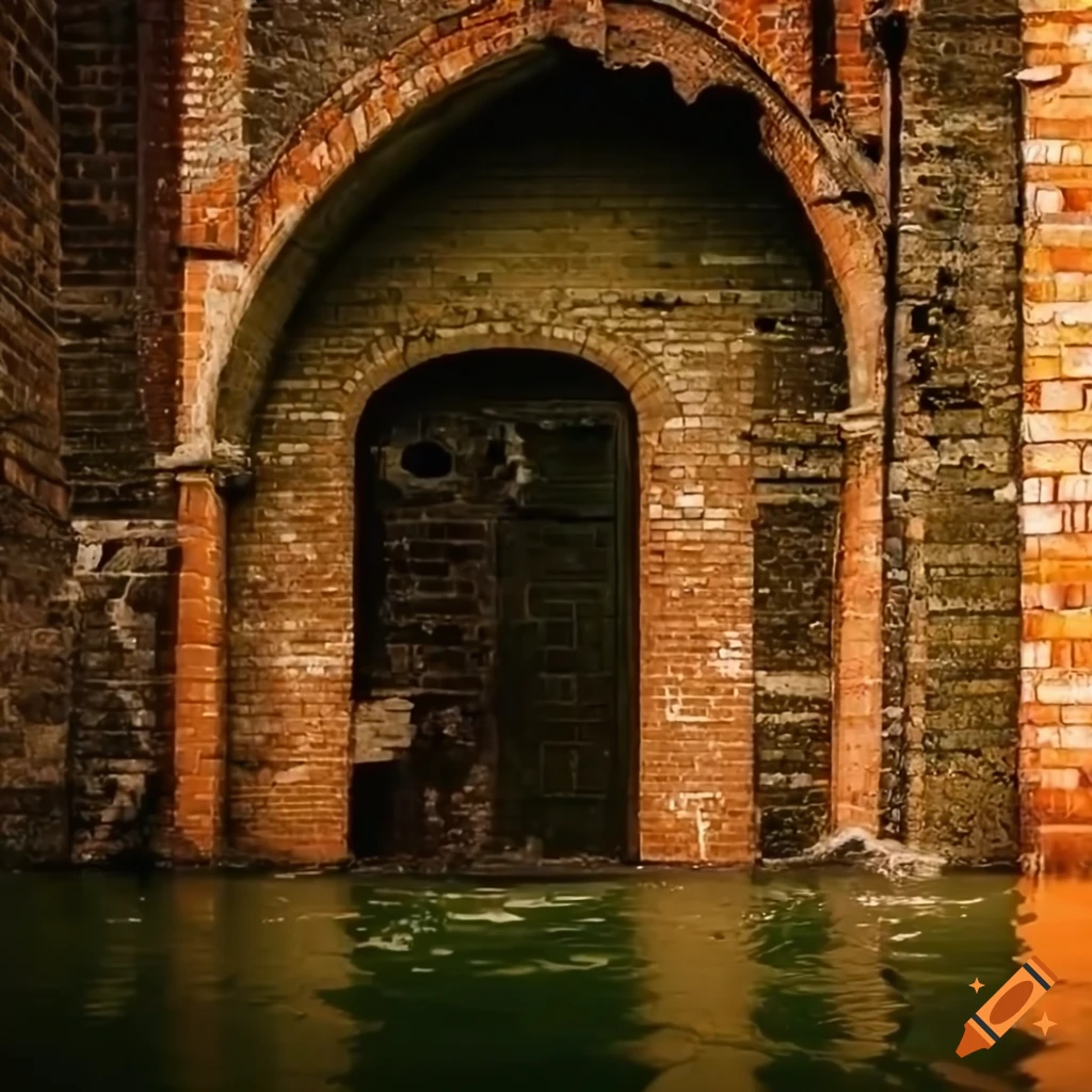 Close-up of flooded brick doorway with sinking buildings in ocean mist ...