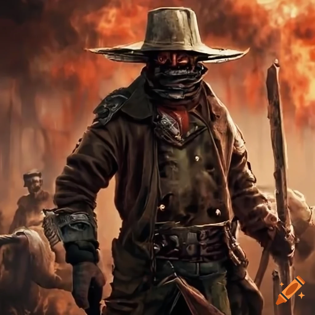 Post-apocalyptic cowboys in a cult-like setting on Craiyon