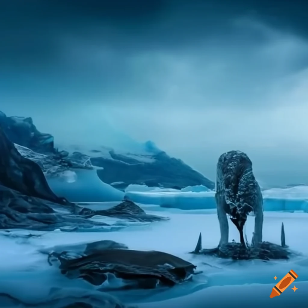 Frozen landscape with ancient creatures trapped in ice on Craiyon