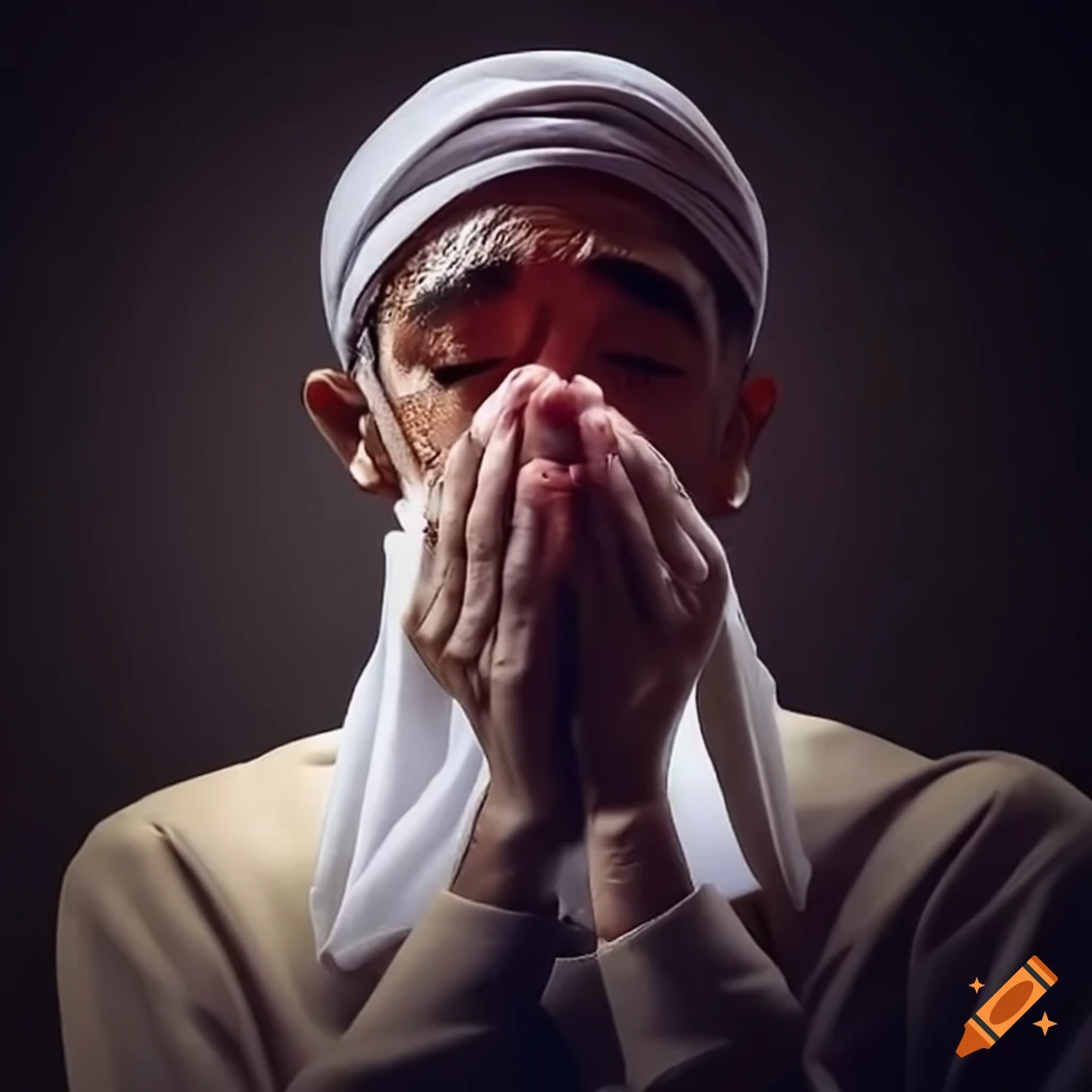 Muslim man sitting and praying with tears of repentance on Craiyon