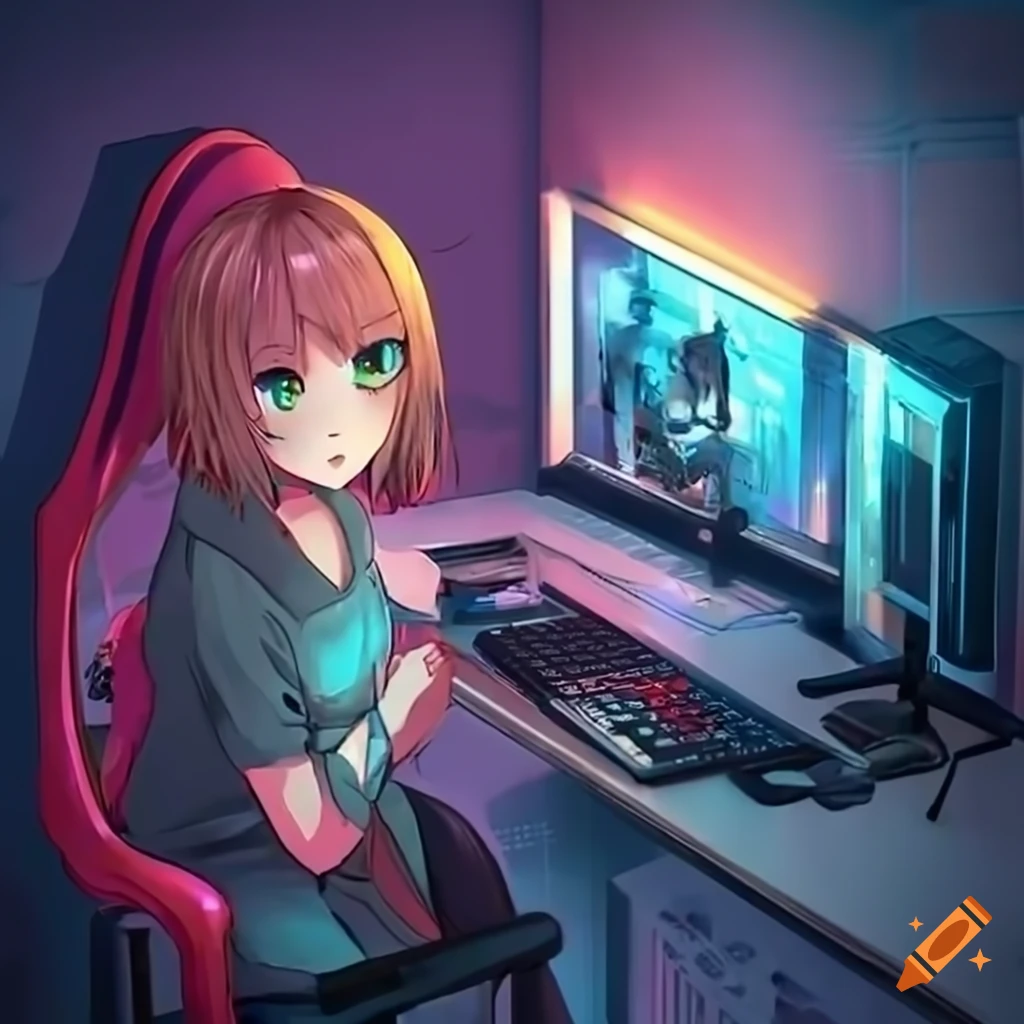 Girl in gaming chair at corner workstation with monitor on Craiyon