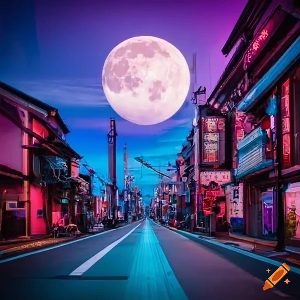 Neon Japanese street overlooking ocean with large moon on Craiyon