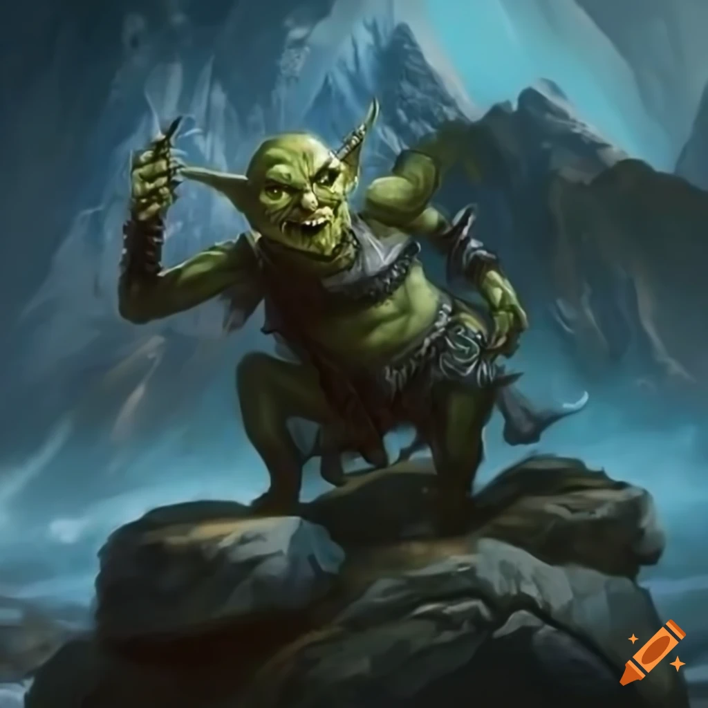 Goblin riding rockslide down a mountain in a fantasy scene on Craiyon