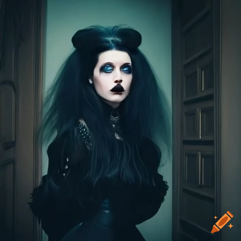 Captivating goth woman with blue eyes and wavy hair in a hallway on Craiyon