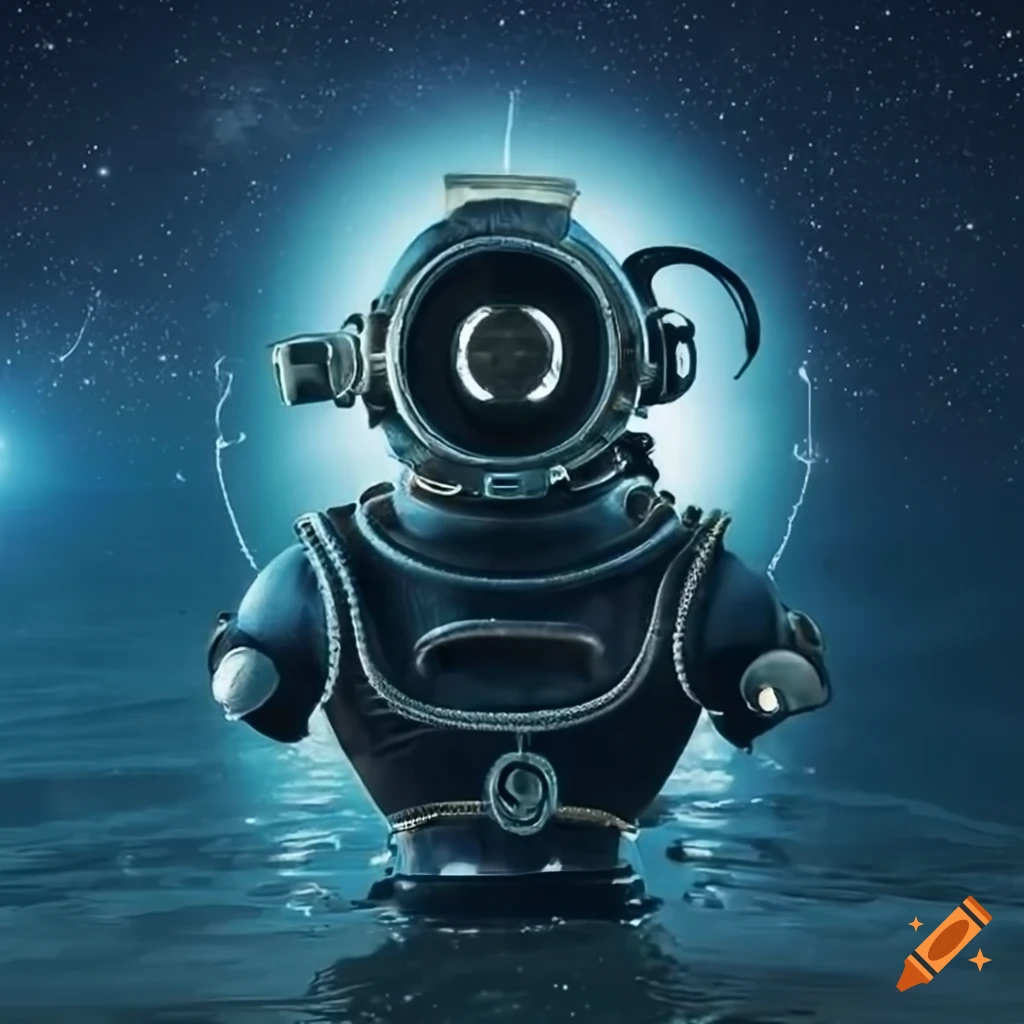 Diving bell suit in the dark ocean with stars above on Craiyon