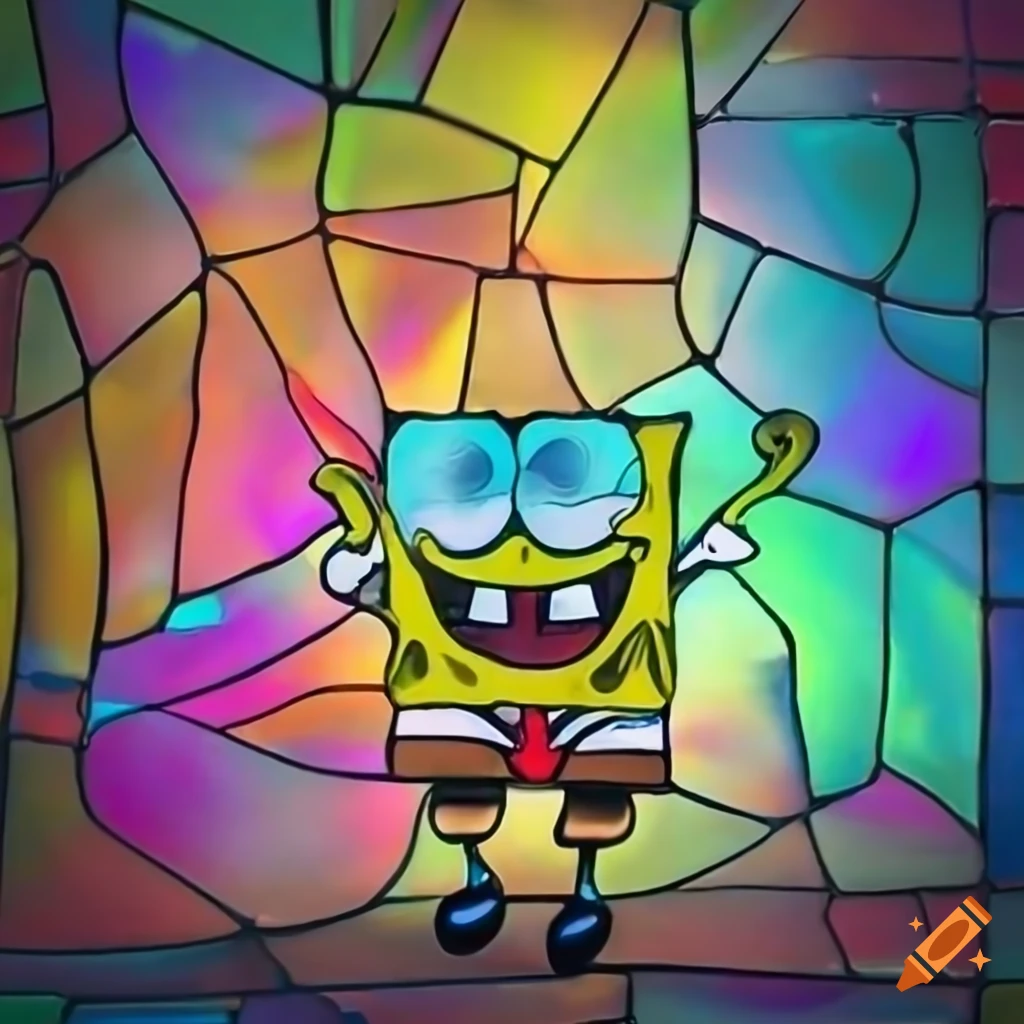 SpongeBob street art in stained glass style with cyberpunk colors on ...