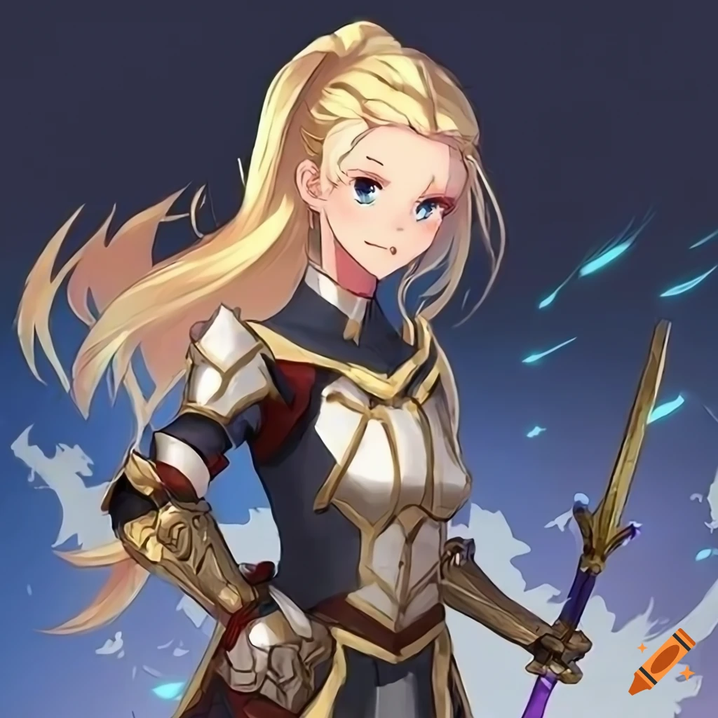 Anime girl paladin with light blonde hair in ponytail smiling on Craiyon