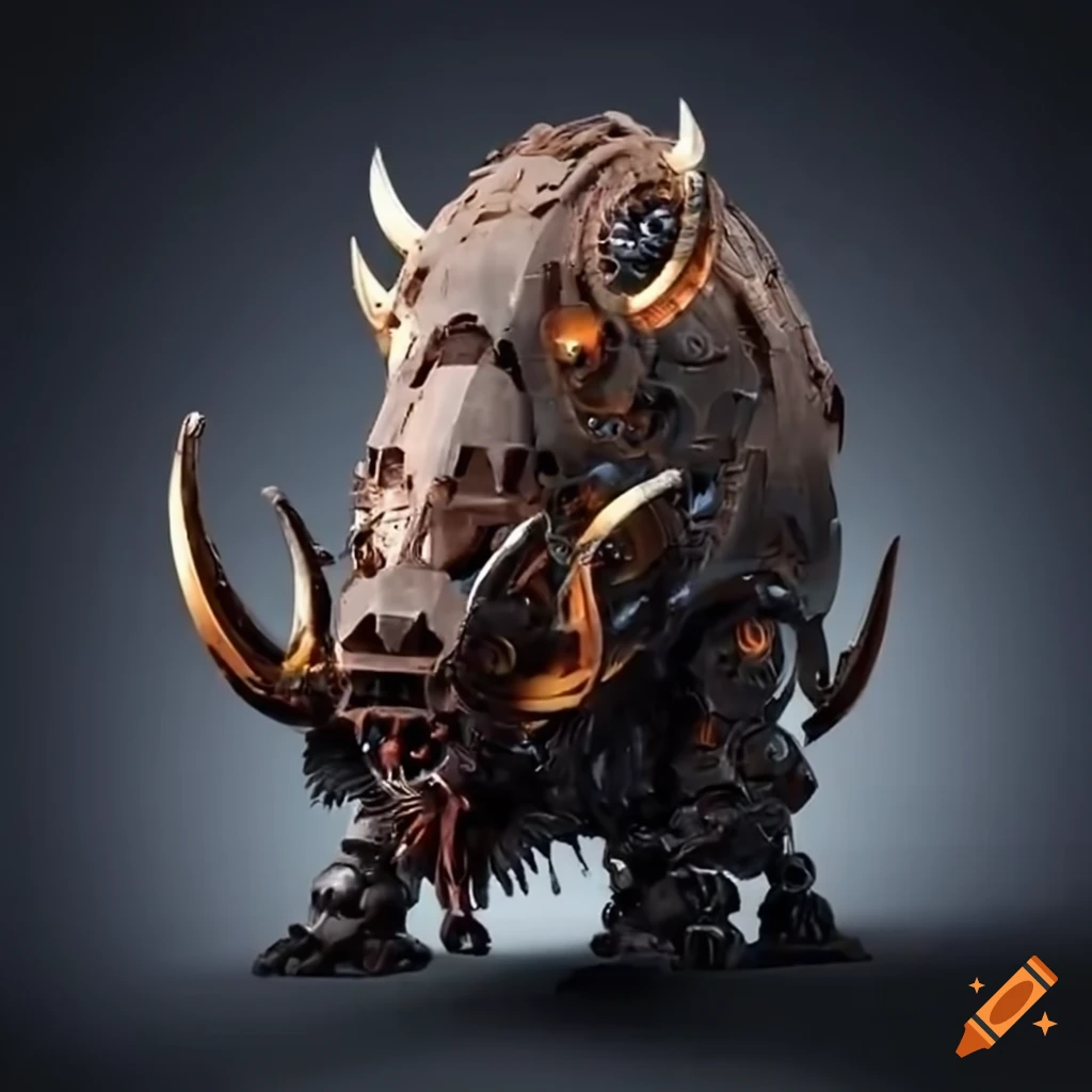 Intricately detailed mechanical robot tusked boar prepared for battle ...