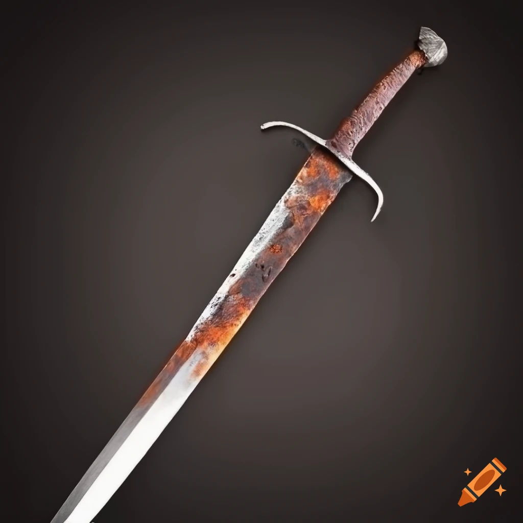 Flaming steel sword with rusted detail and iron handle on Craiyon
