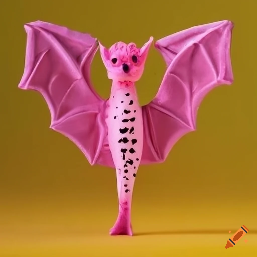 Pink and yellow spotted bat sculpture made from plasticine on Craiyon