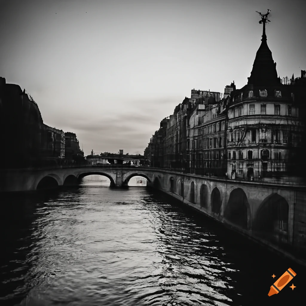 Melancholic black and white sunset scene at seine river, paris on Craiyon