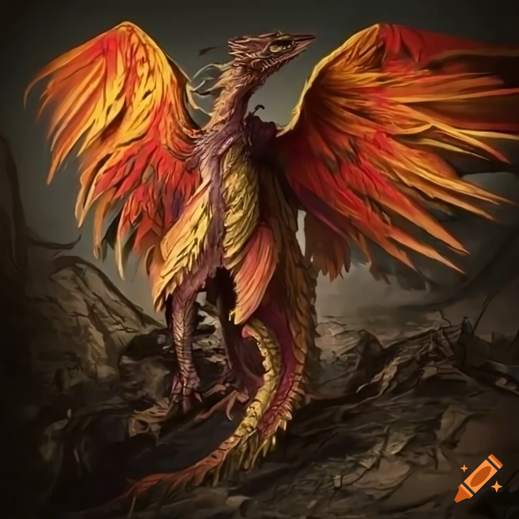 Hybrid creature with a phoenix head and dragon body in a decaying ...