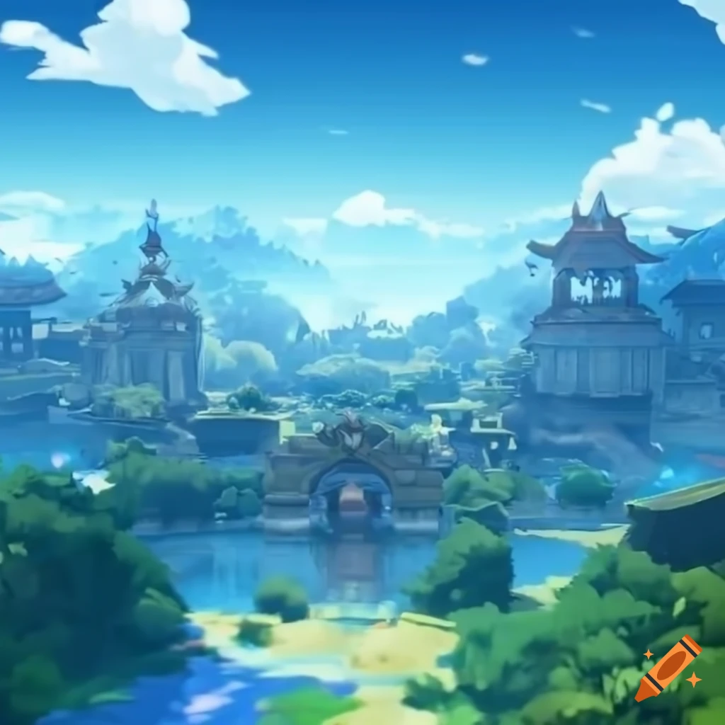 Beautiful scenery inspired by Genshin Impact graphics on Craiyon