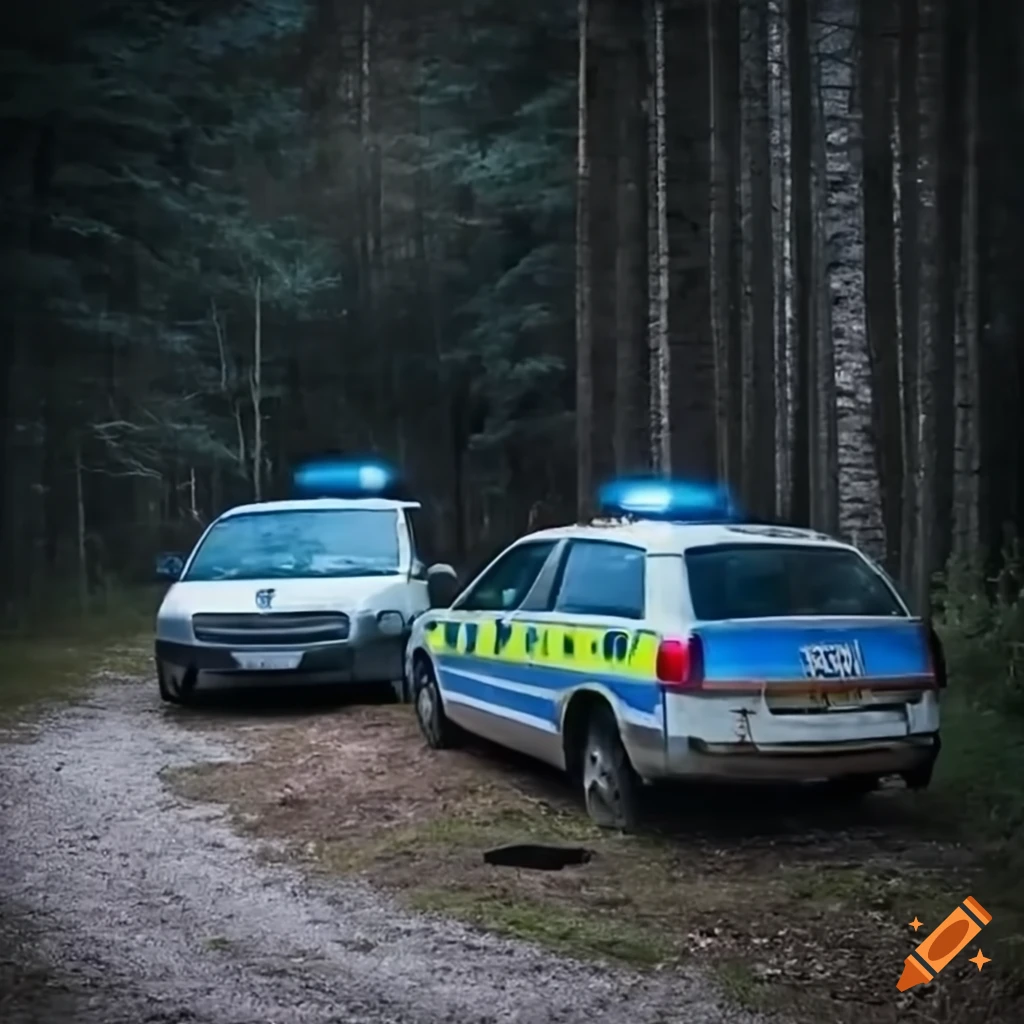 Eerie scene of police cars with lights on parked on a dark forest road ...