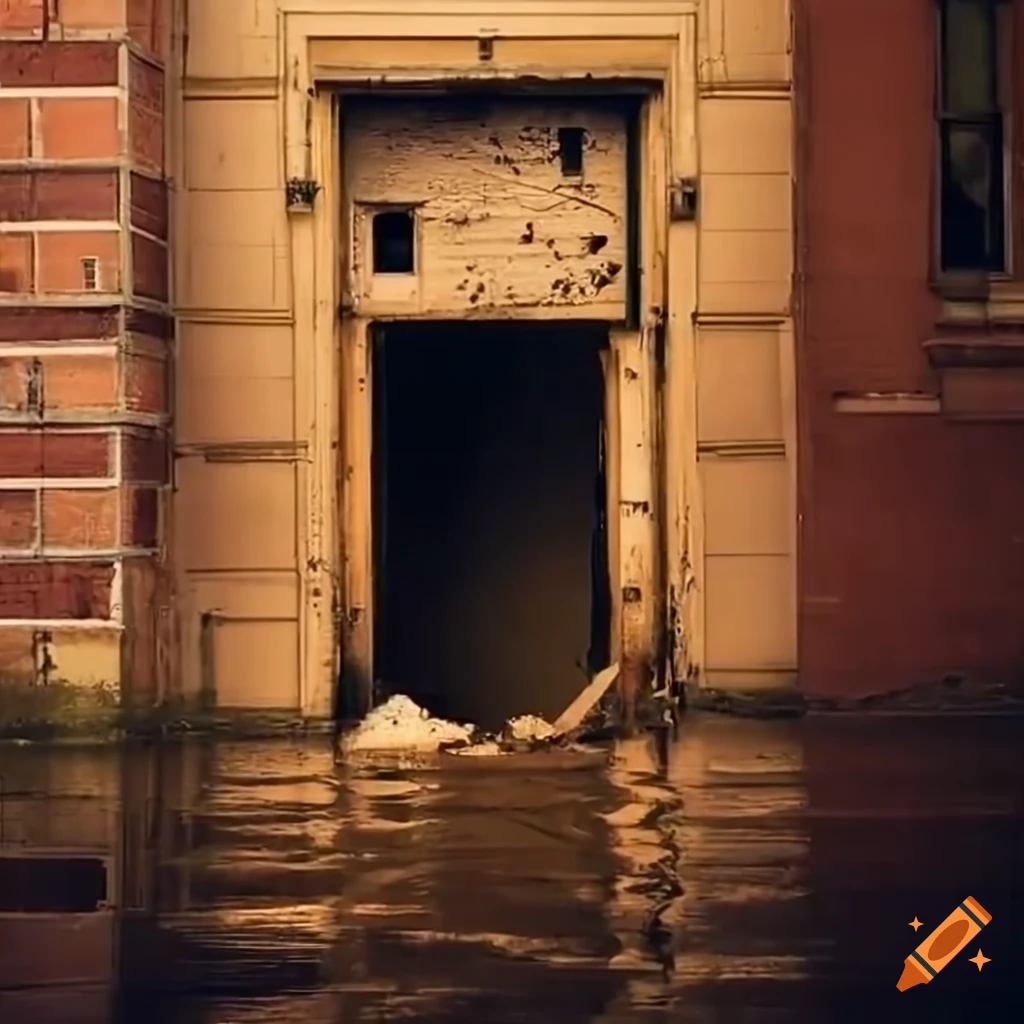 Extreme close-up of flooded crumbling doorway with sinking buildings in ...