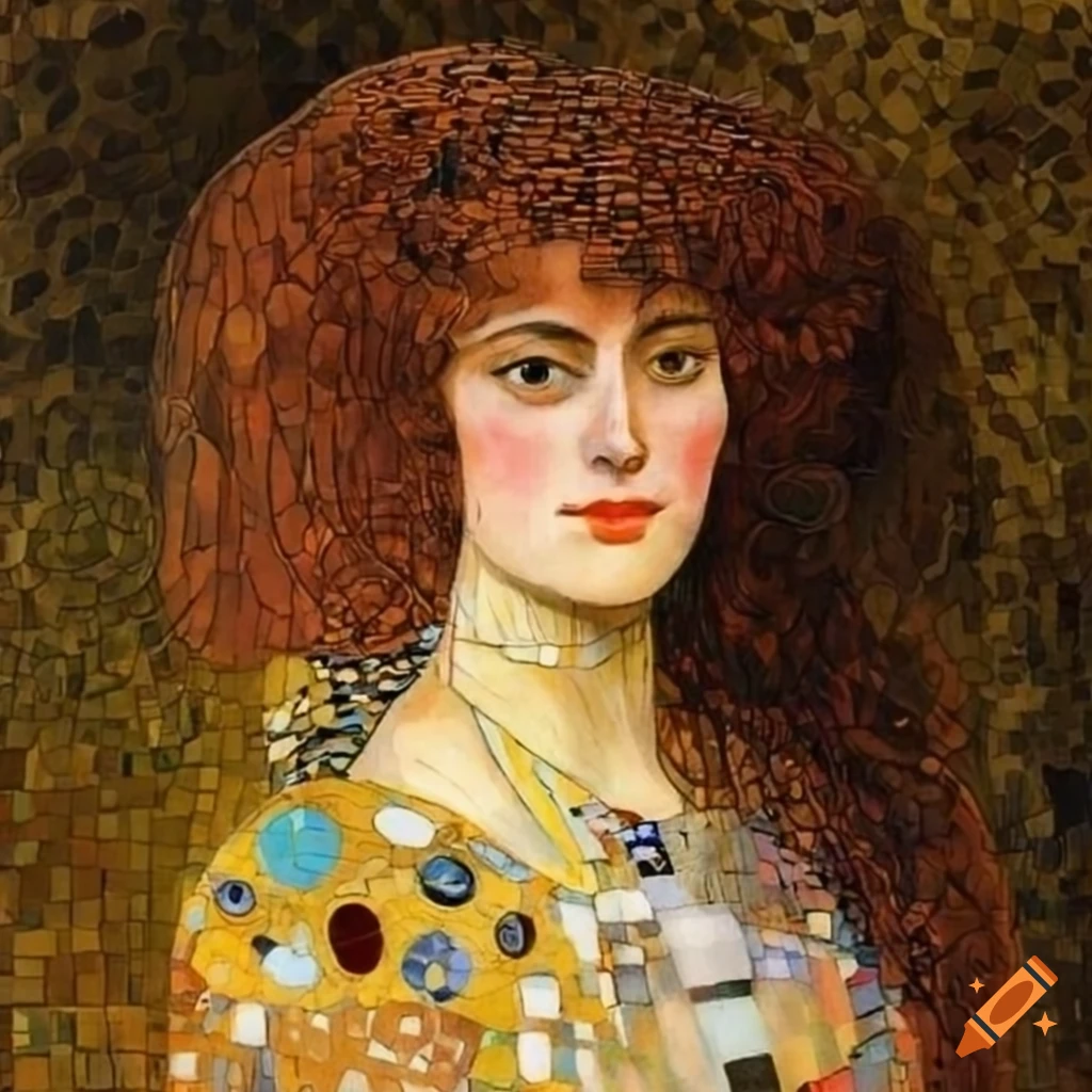Portrait of a woman with long hair in a mosaic style like Gustav Klimt ...