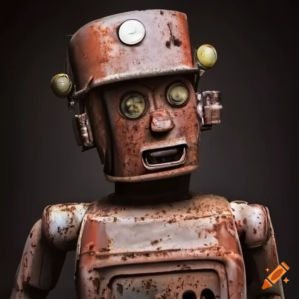 Rusty old robot in overalls on Craiyon