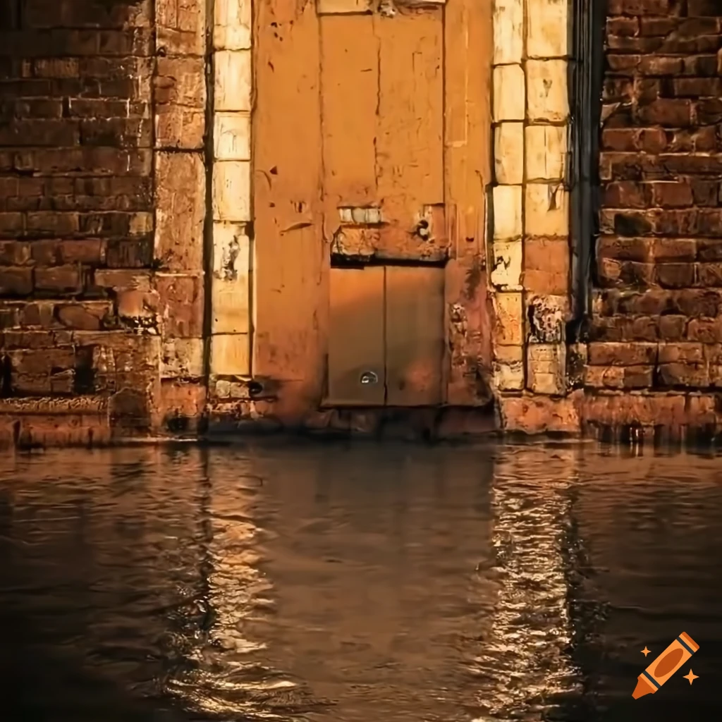 Close-up view of flooded brick doorway with abandoned buildings sinking ...