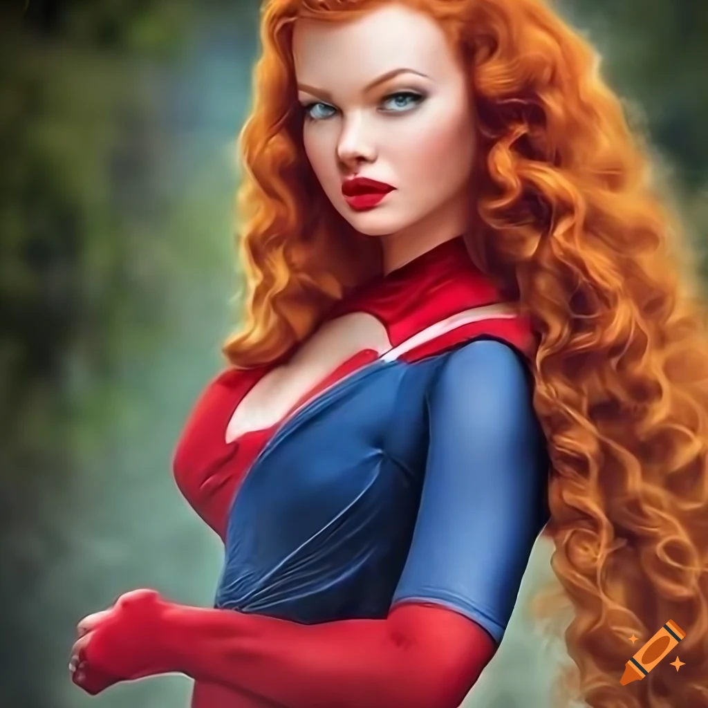 Stunning Ginger Superhero Girl In Intricate Elegant Pose With Detailed
