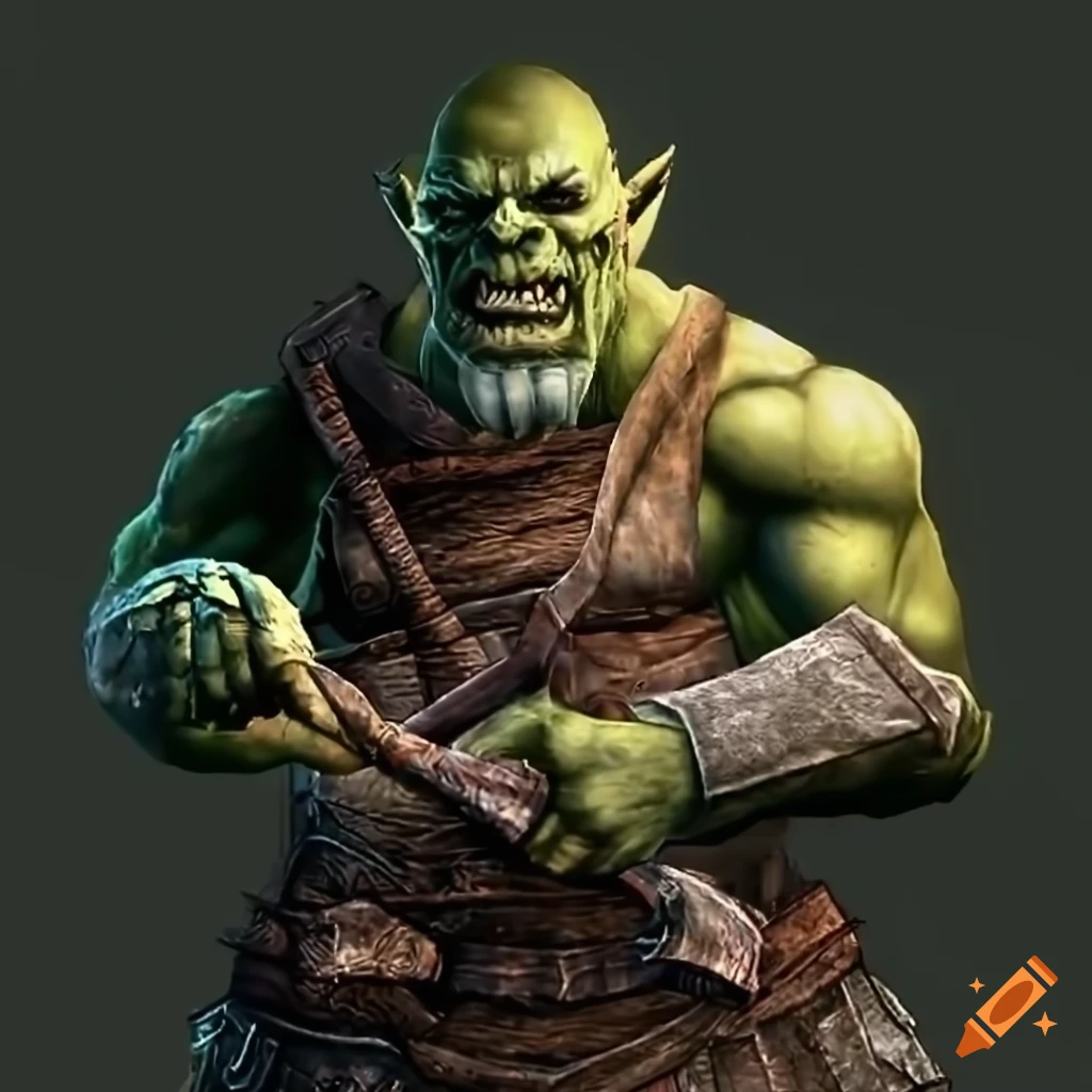 Muscular orc blacksmith forging weapons in a fantasy setting on Craiyon