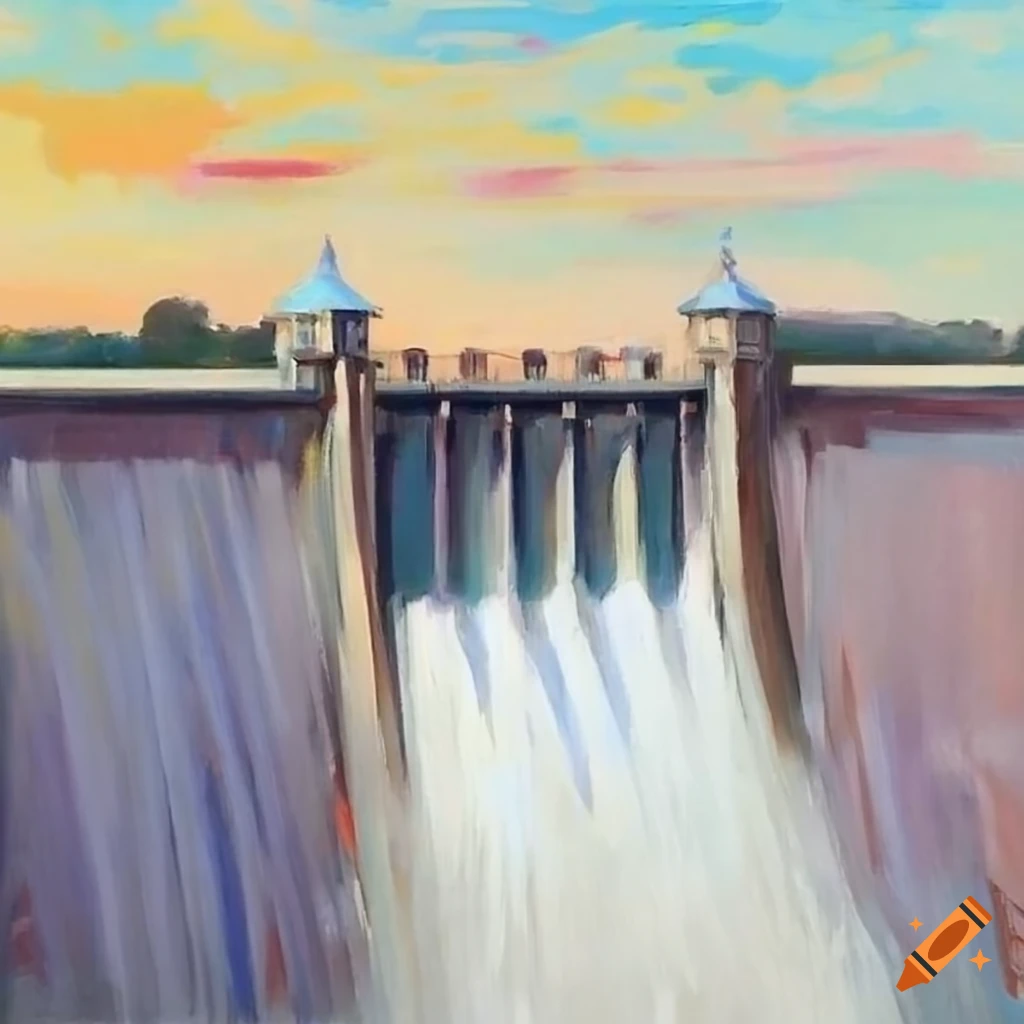 Dam on a white background in a classic painting style on Craiyon