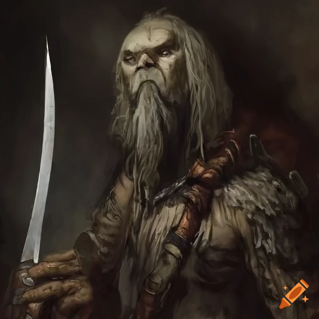 Monster warrior with one eye and sword in mountainous setting, artwork ...