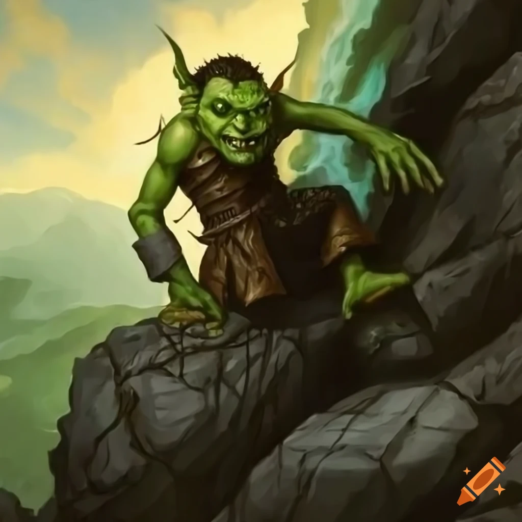 Goblin riding rockslide down a mountain in a fantasy scene on Craiyon