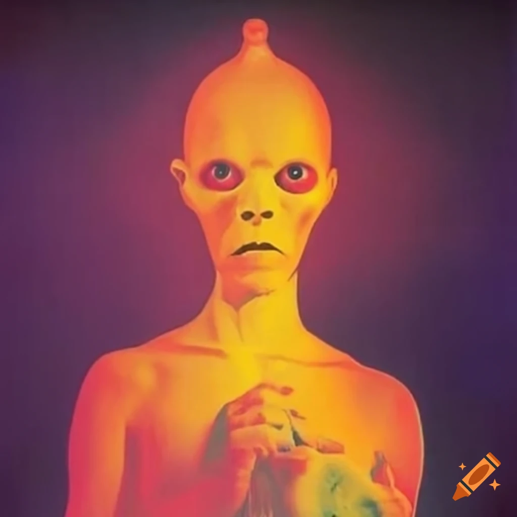 1970s movie poster featuring a frightened man and a glowing alien genie ...