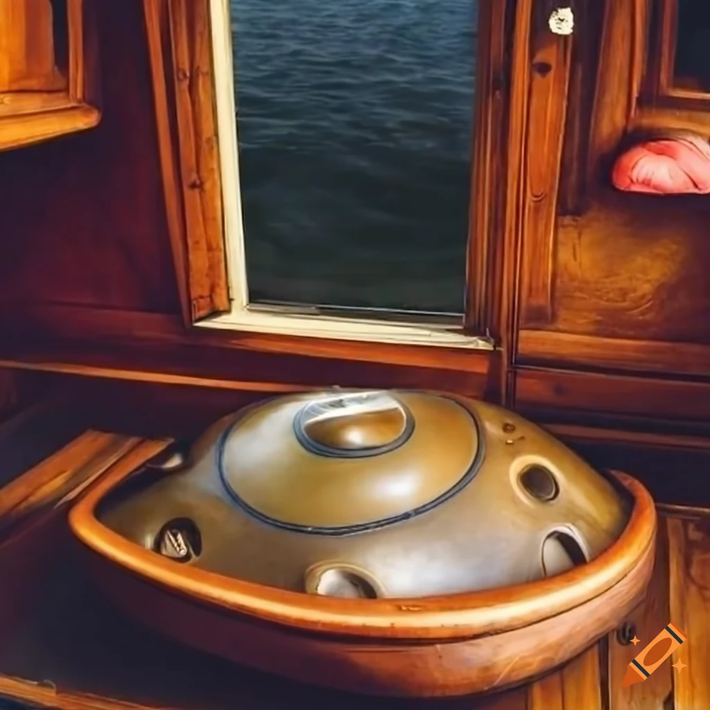 Sailboat interior with a handpan near a window overlooking a canal with ...