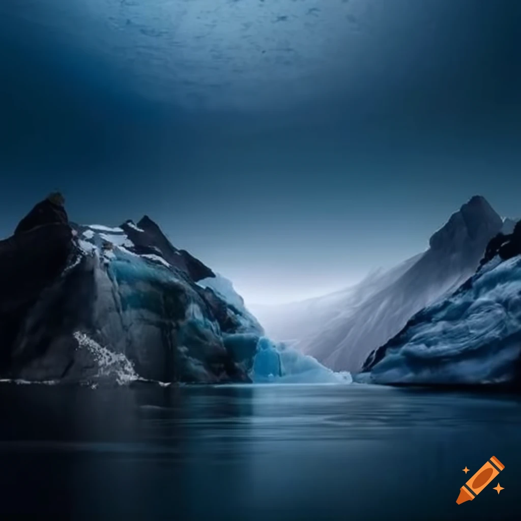 Surface of icy planet with black rocks and small glaciers on Craiyon