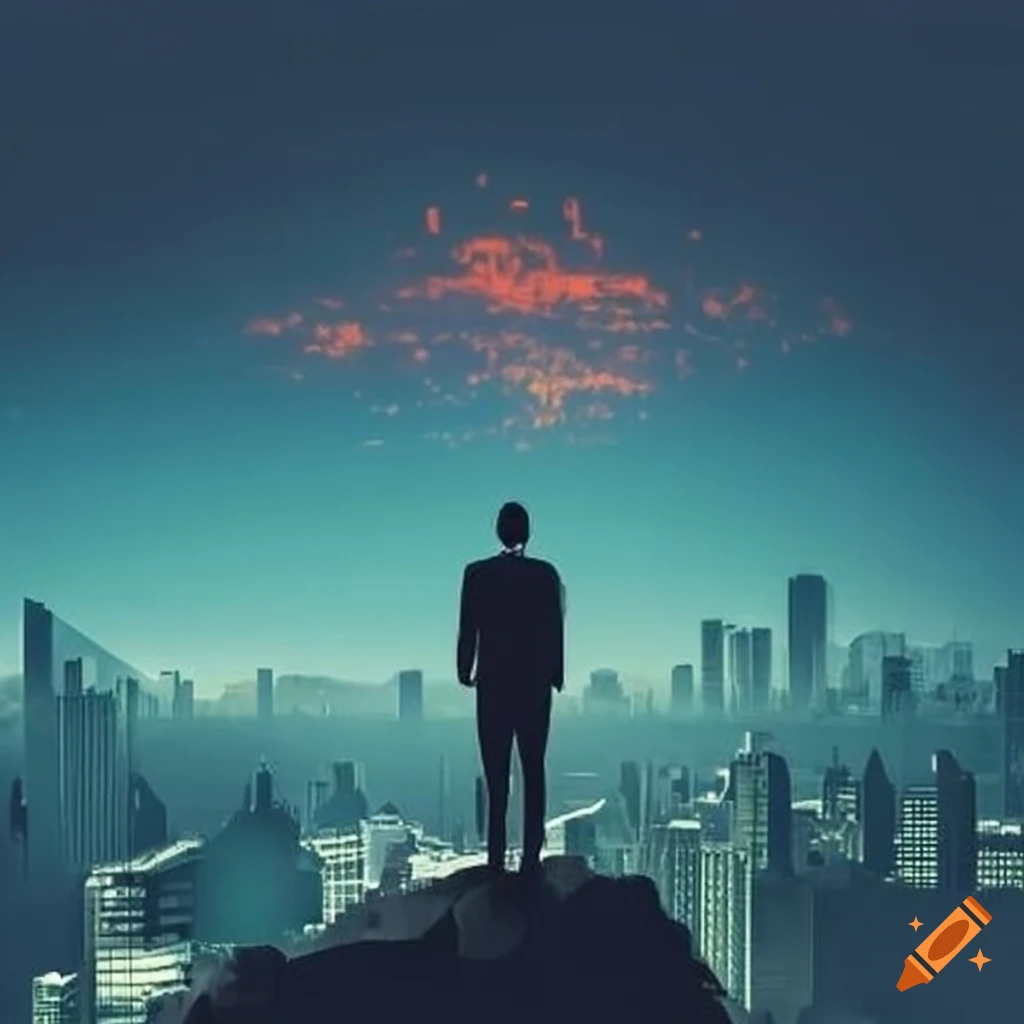 Modern city with a person rising a hand towards the skyline on Craiyon