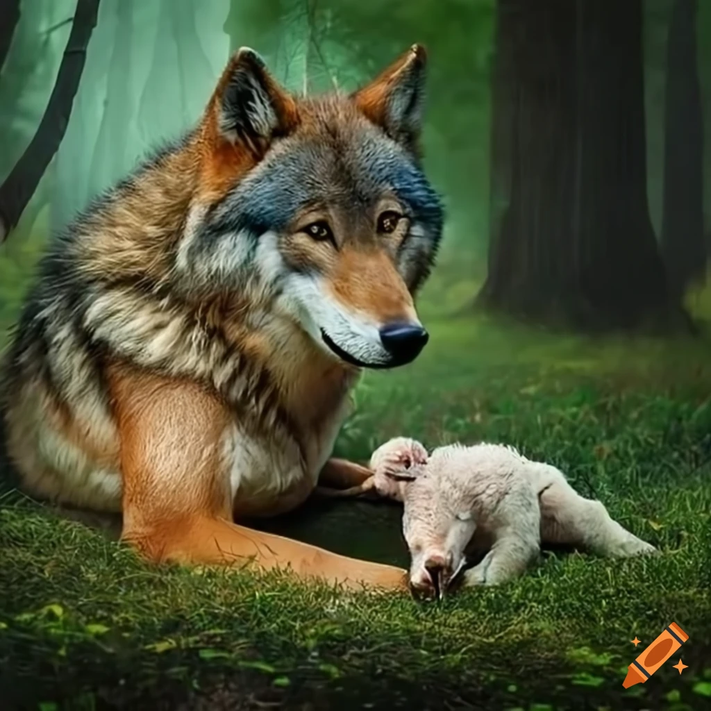 Wolf and lamb lying on grass in a forest in hyperrealistic style on Craiyon