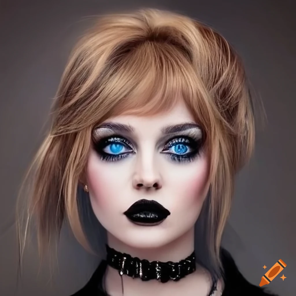 Captivating goth woman with striking blue eyes and wavy golden hair on ...
