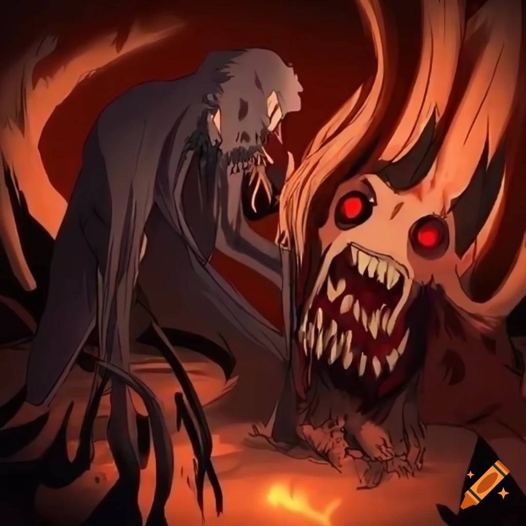 Injured villain with axe fighting a wendigo in anime style on Craiyon