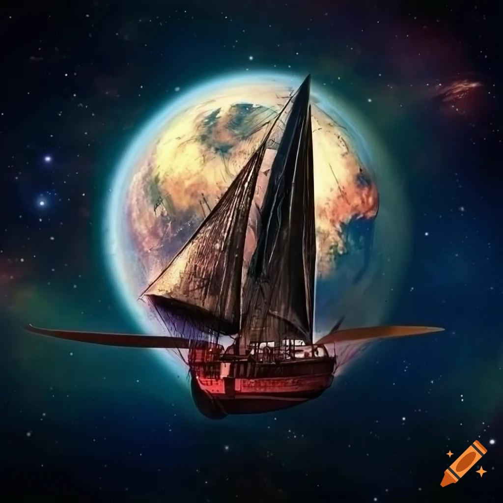 Sailing vessel in space with stars and planets in a surreal psychedelic setting on Craiyon