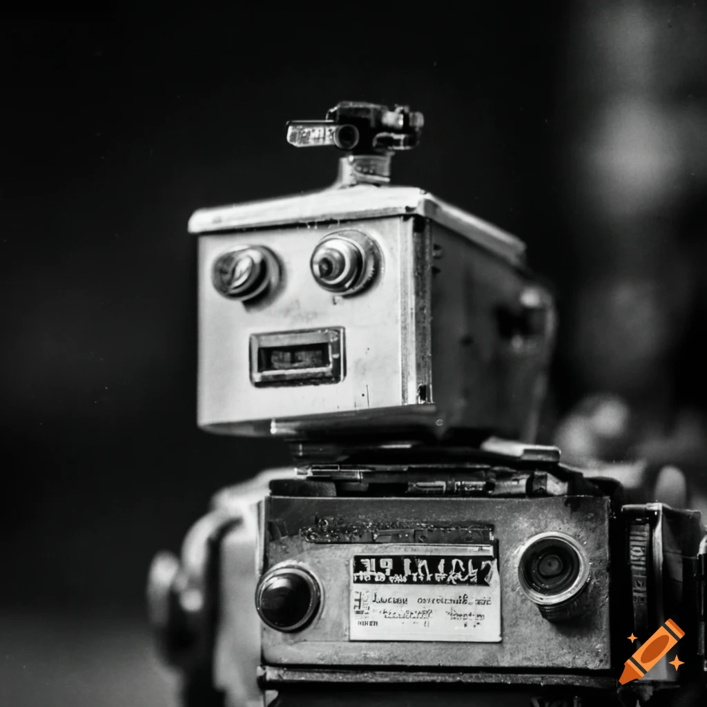 Sad miniature robot in old analog black and white photography on Craiyon