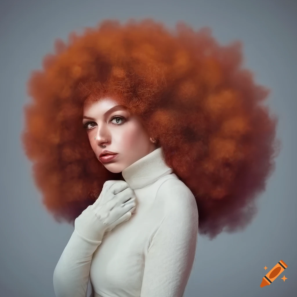 Portrait Of A Beautiful Redhead Woman With A Massive Afro And White