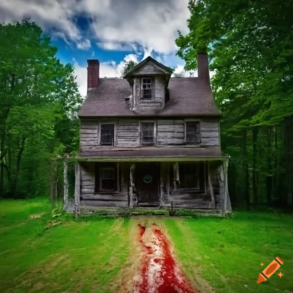 Frontview of an old scary farmhouse with a long bloody driveway in the ...