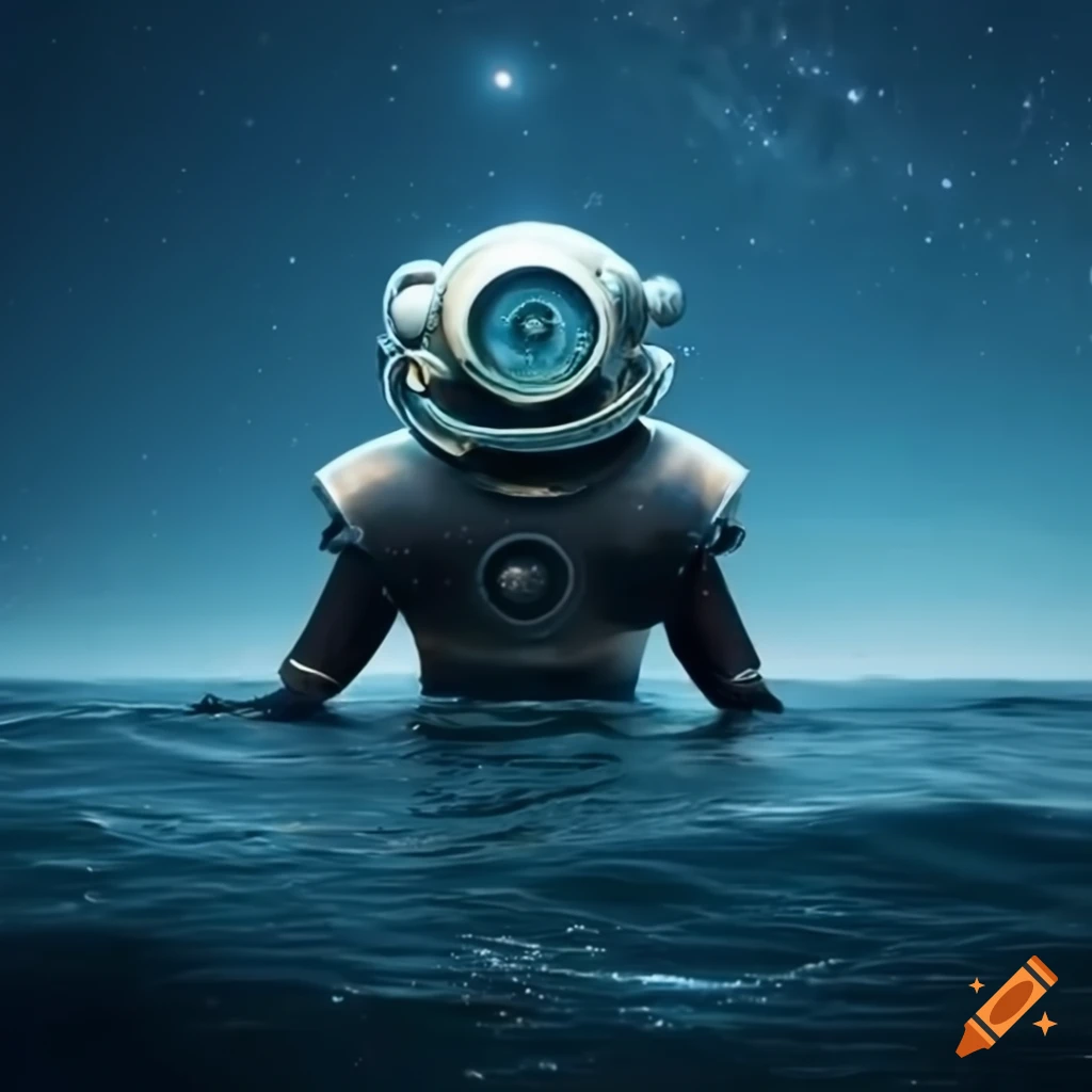 Diving bell suit in the dark ocean with stars above on Craiyon