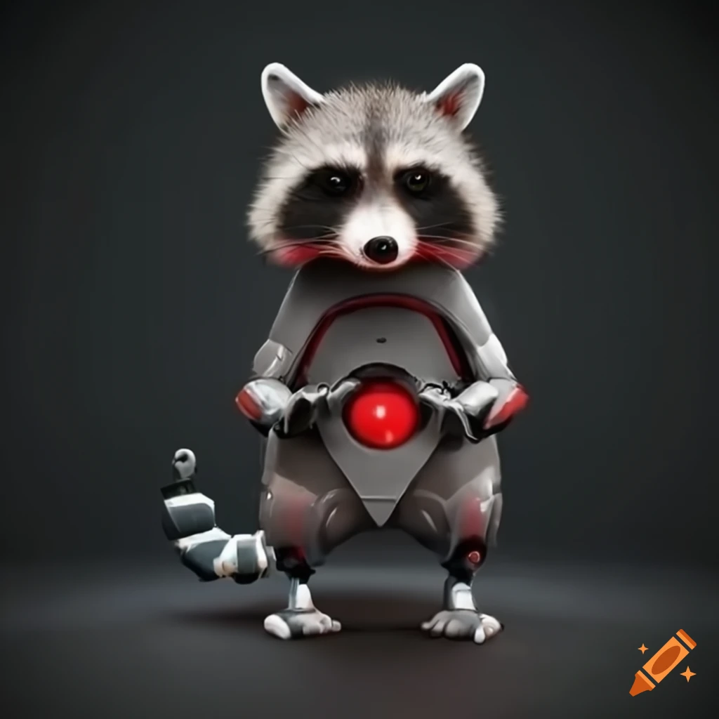Robot raccoon with a red robotic eye on Craiyon