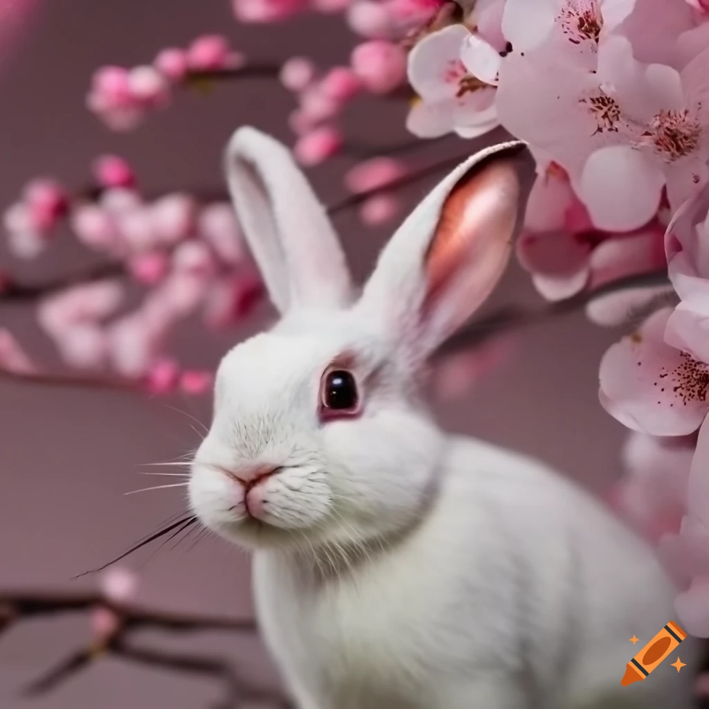 Rabbit with mount fuji and pink blossoms on Craiyon