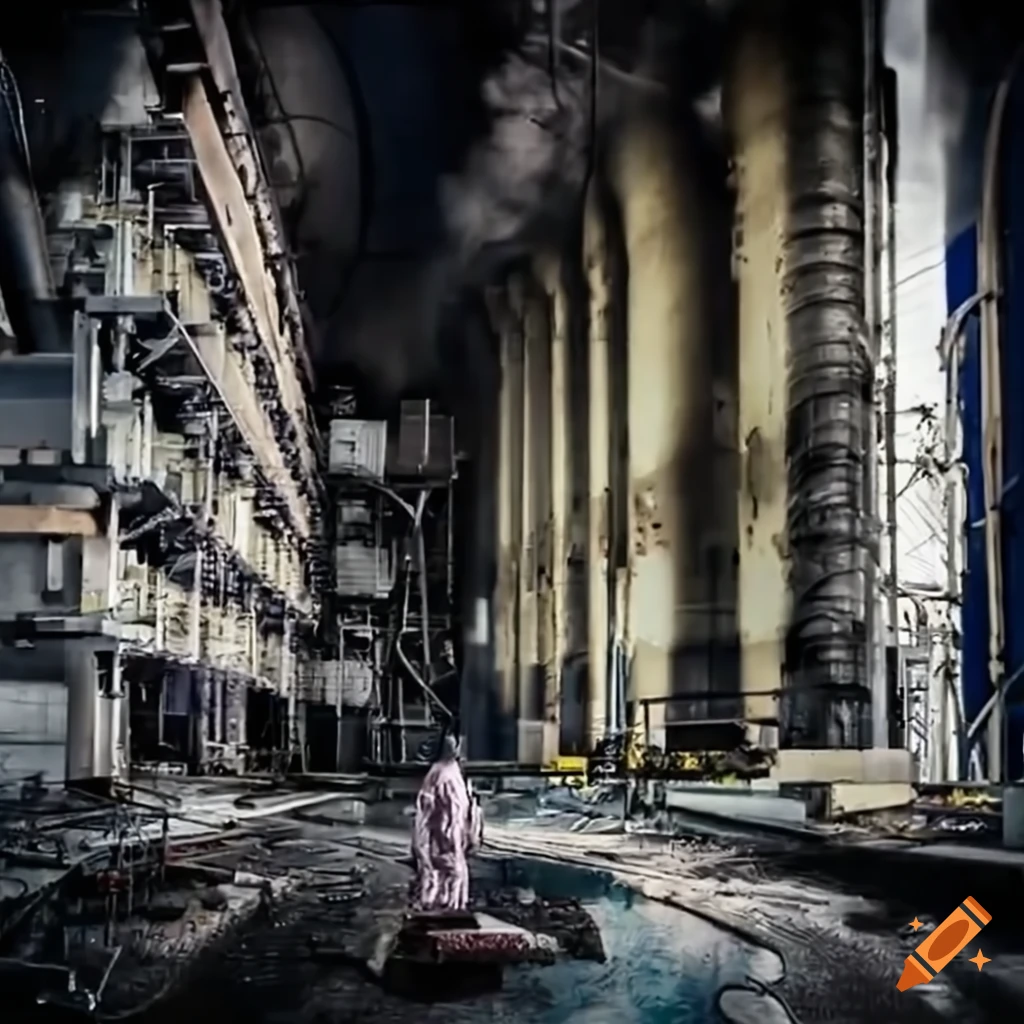 Frantic man working in a large factory with massive vats on Craiyon