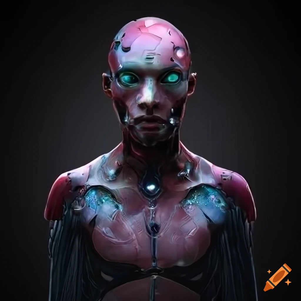 Biopunk cyborg in extreme hyper-realistic detail in a front-facing full ...