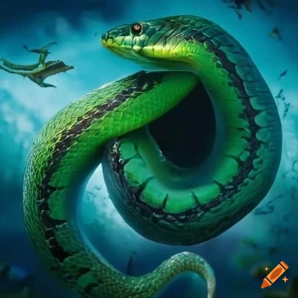 Green snake with blue eyes emerging from ancient bottle on a ship amid ...