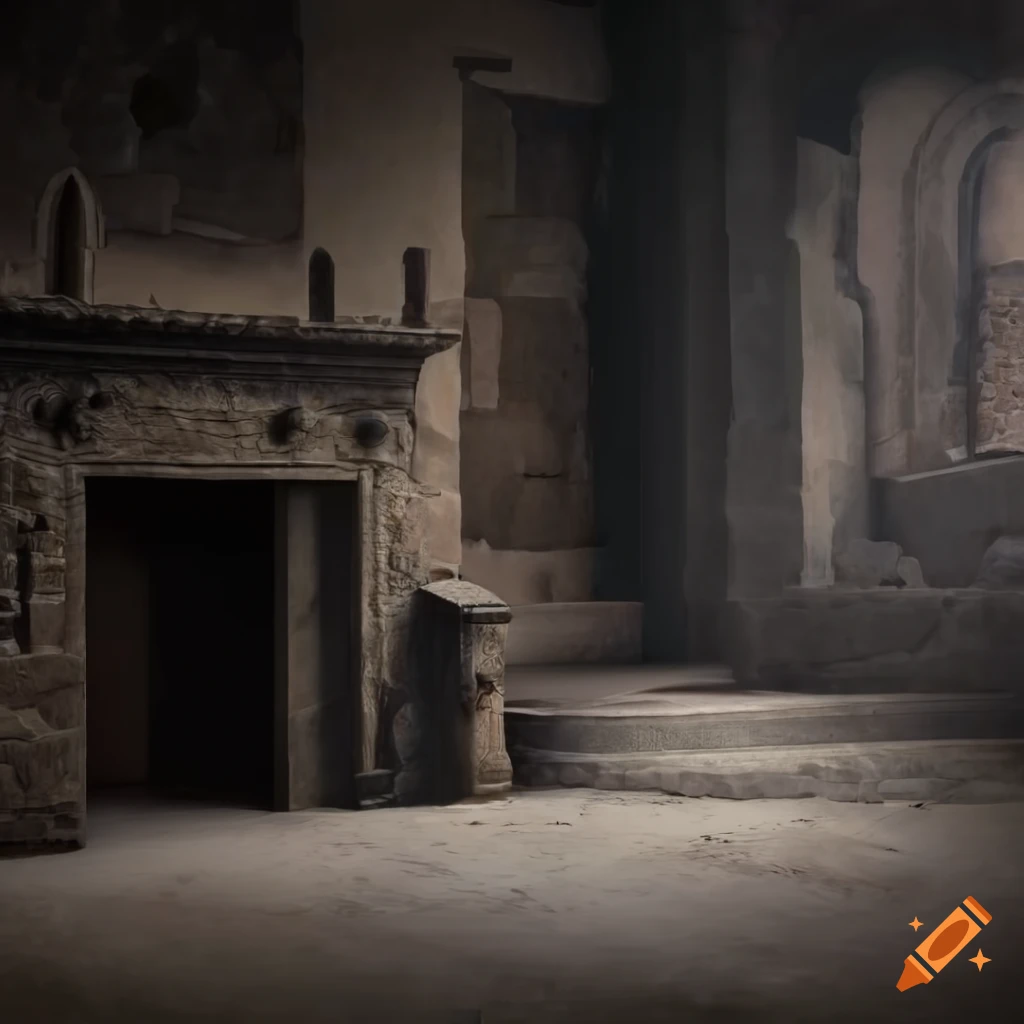 Dark medieval room with stone walls and unlit fireplace on Craiyon