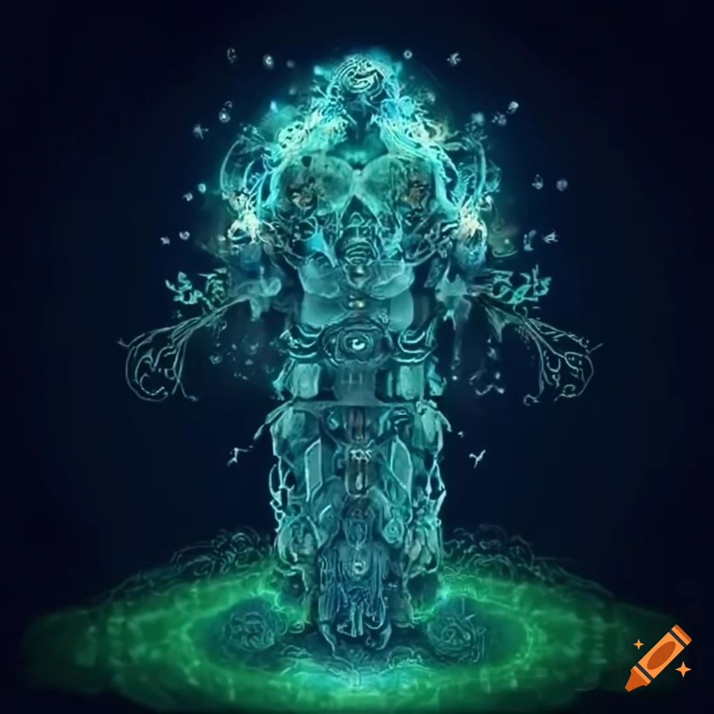 Intricate medieval-style robotic shaman casting spells with glowing ...