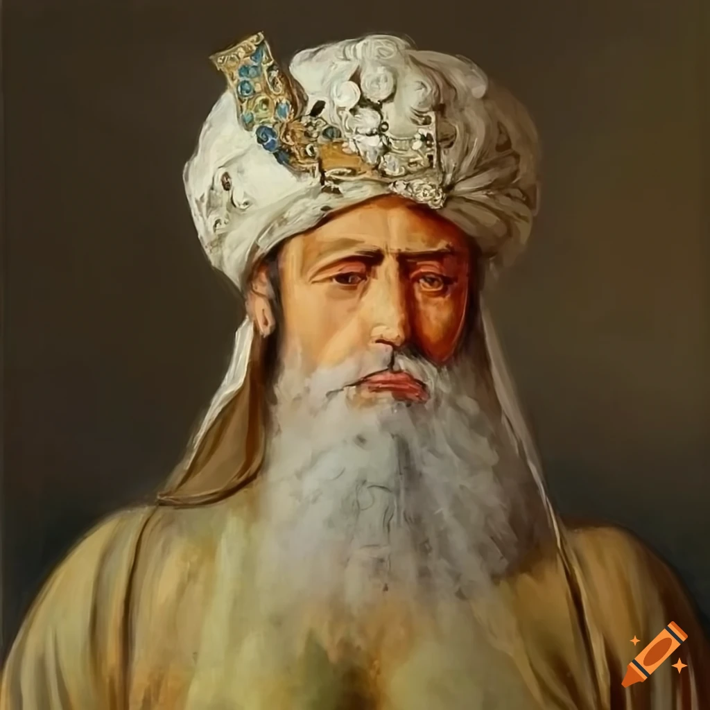 Oil painting of an early medieval Persian holy king in regal attire on ...